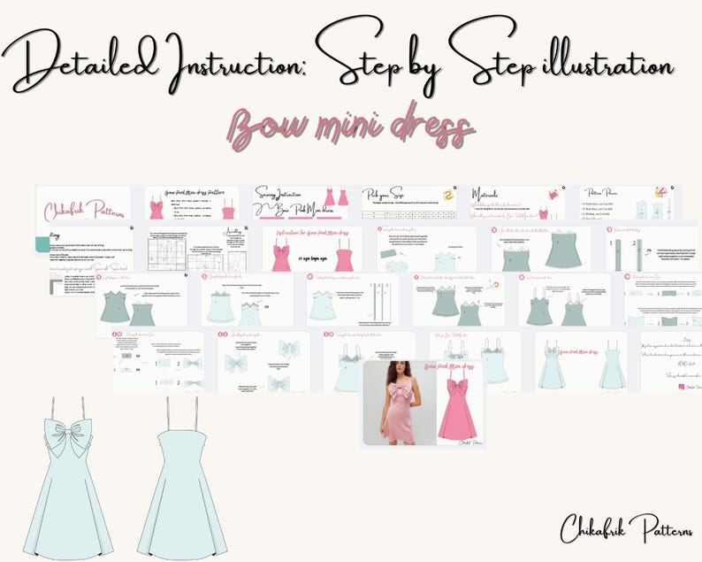 Bow Mini Dress Sewing Pattern | Women's Satin Summer Dress (PDF File ...