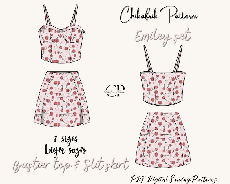 Bustier Top & Slit Skirt Sewing Pattern: Emiley Set (XXS-XXL) (PDF ...