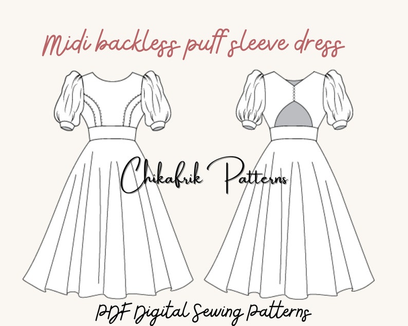 Midi Backless Dress Pattern|puff Sleeve Dress Pattern Women Sewing ...