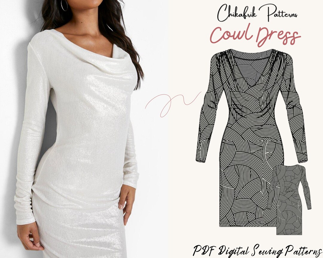 Cowl Long Sleeve Dress PDF Sewing Pattern women Sewing Pattern Women ...
