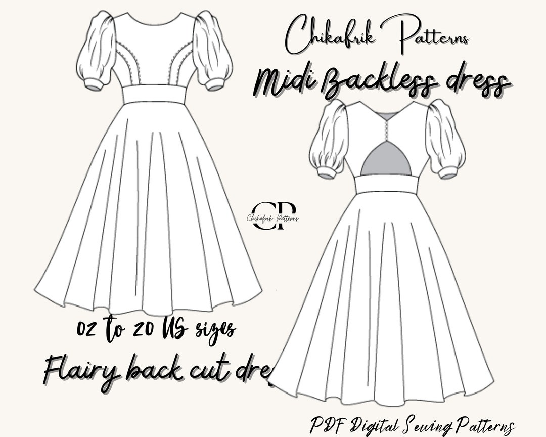Midi Backless Dress Pattern|puff Sleeve Dress Pattern Women Sewing ...