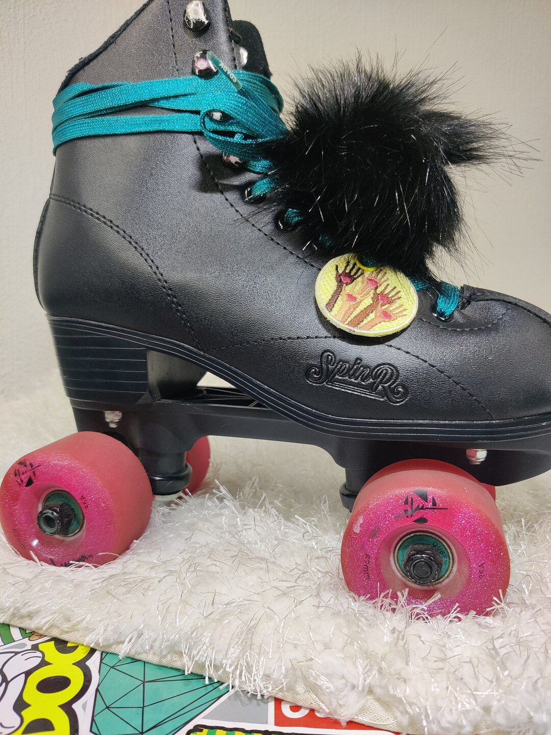 Black Faux Fur Skate Pom Poms| Roller Skating Accessories | Roller ...