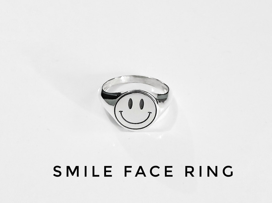 Smiley Face Ring, Happy Face Signet Ring, Minimal Pinky Ring, Funky Stackable Ring, Friendship ...