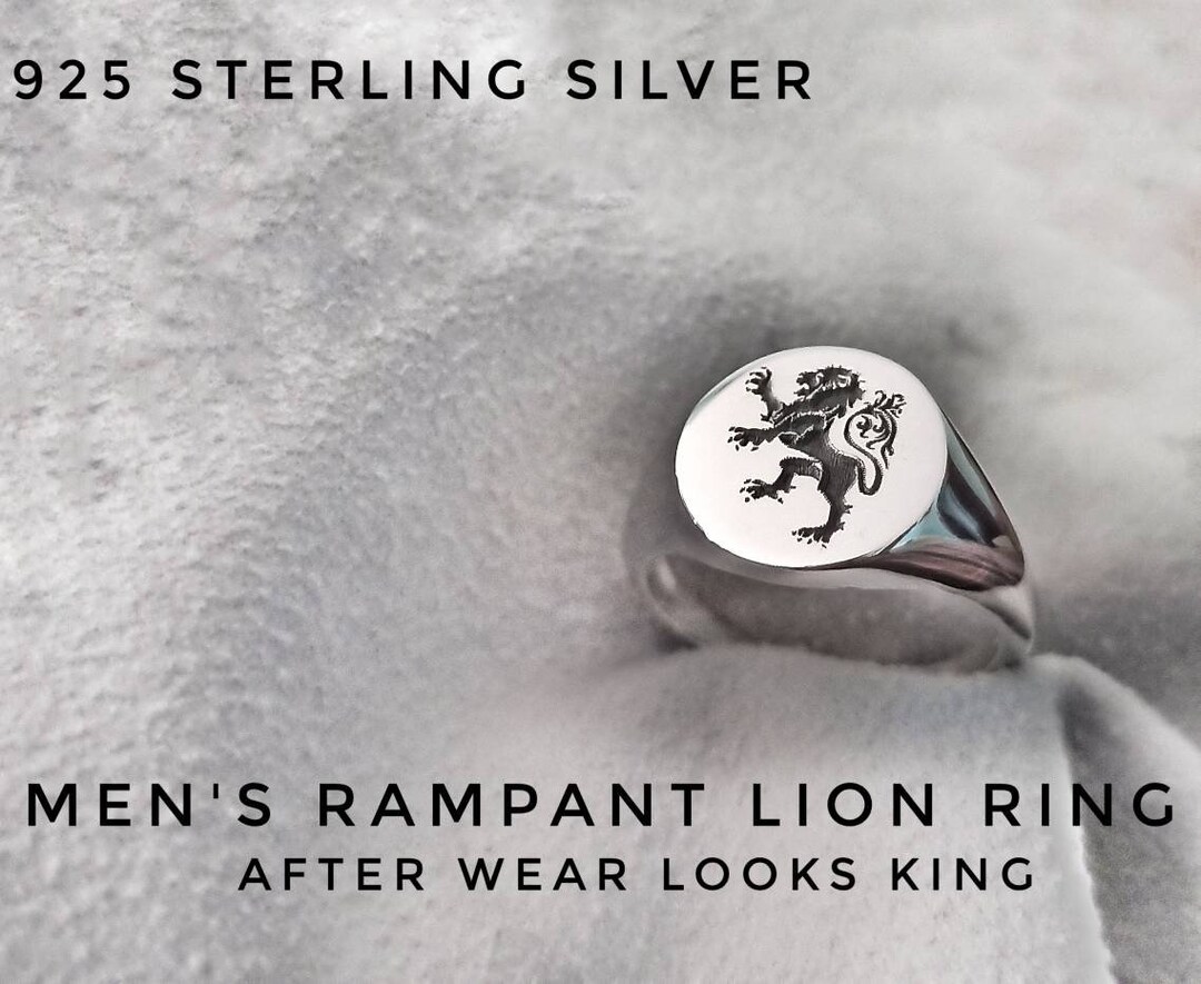 Men's Silver Ring, Rampant Lion Ring, Lion Jewelry for Men, Oval Silver ...