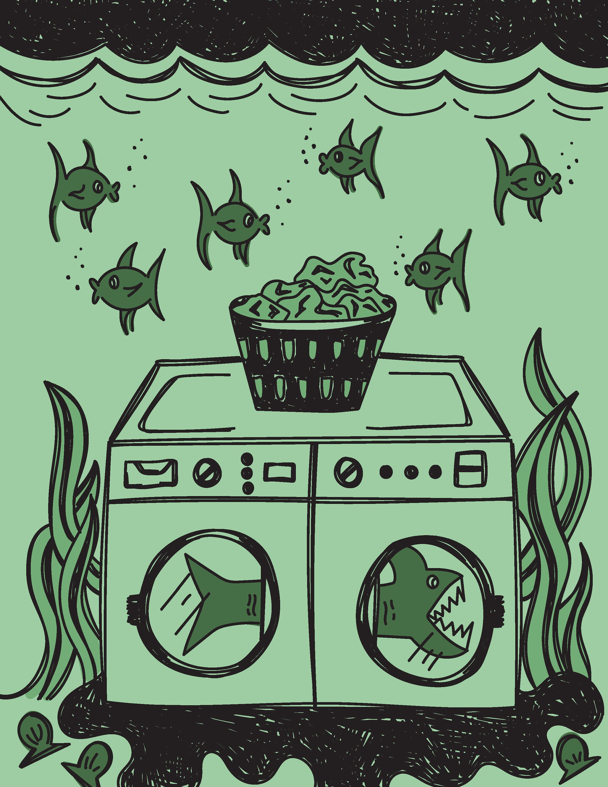 Fishies Doing Laundry, Monochromatic Art, Fish Art, Ocean Art, Trippy ...