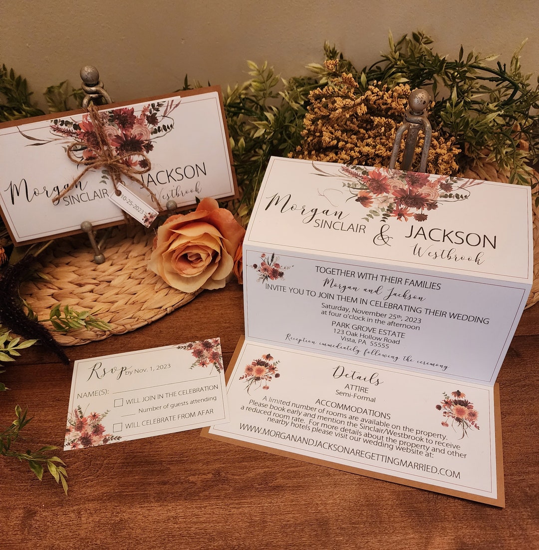 Acordian Style, Fall, Boho Floral Wedding Invitation Set, Shades of ...