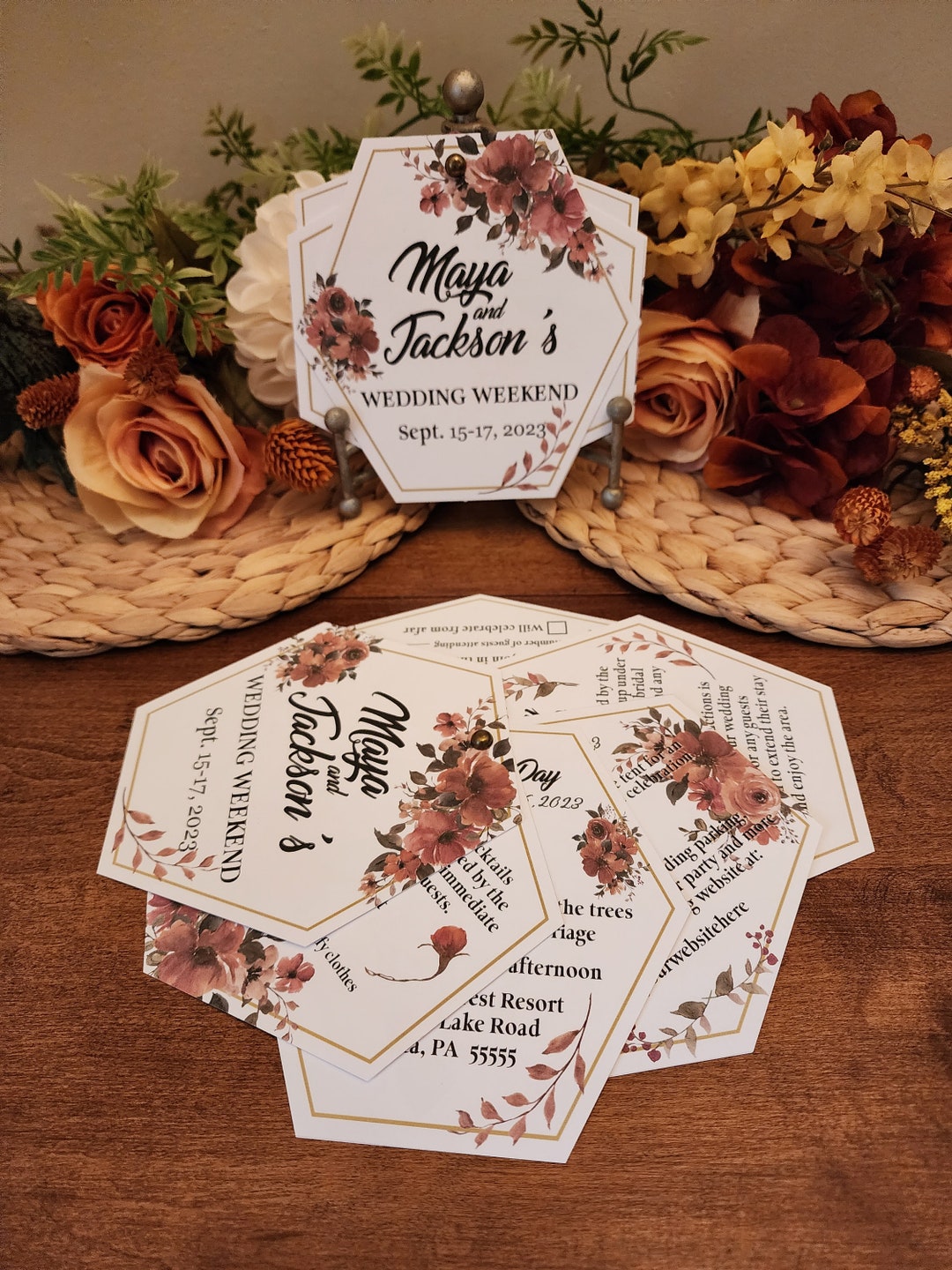 Fall Floral Hexagon Wedding Invitation Set, Layered Fan Wheel Design ...