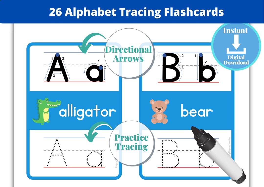 26 Printable Animal Alphabet Tracing Flashcards/ Tracing Guide/ Writing ...