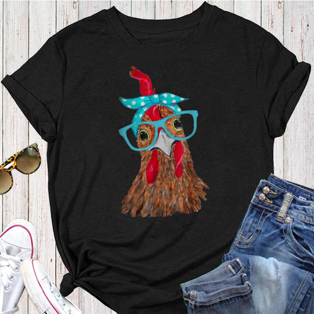 Chicken With Bandana Headband and Glasses Cute T-shirt- Funny Chicken ...