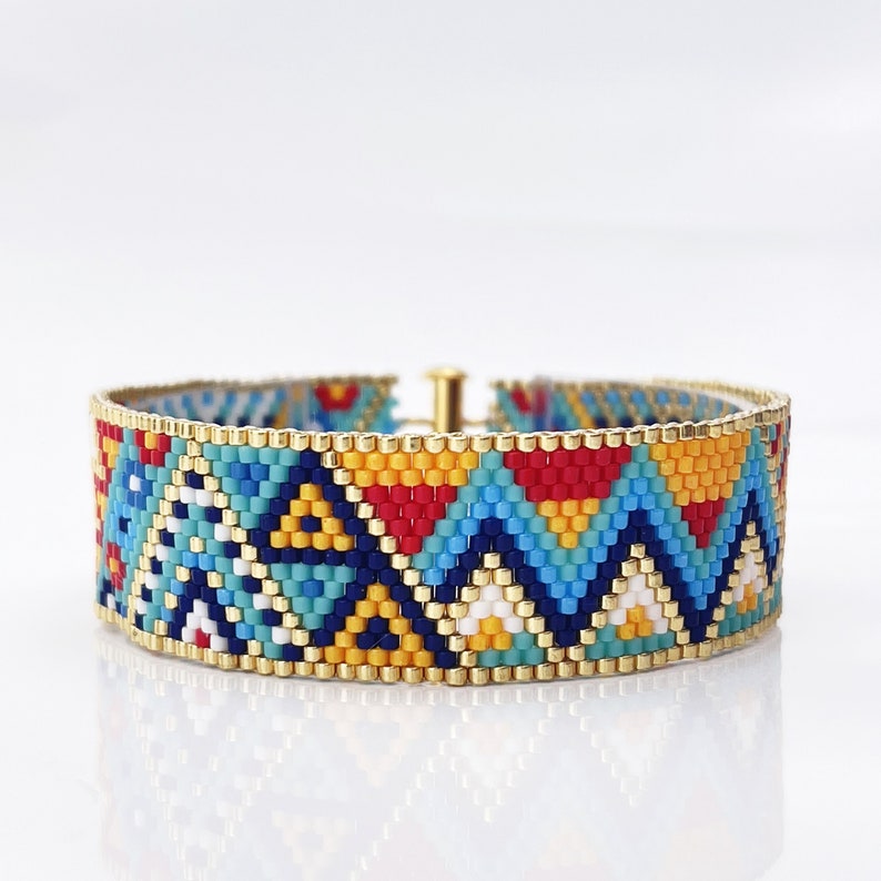Southwest Style Flat Beadwork Bracelet With Gold Plated Slide Clasp ...