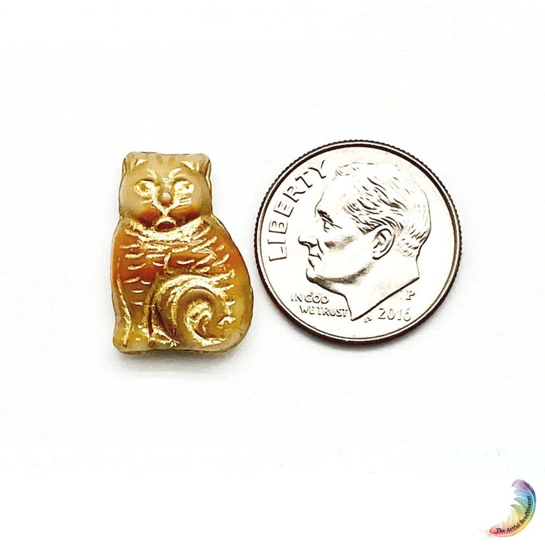 Opaque Ocre and Orange Cat With Gold Wash Cat Pressed Czech Beads ...