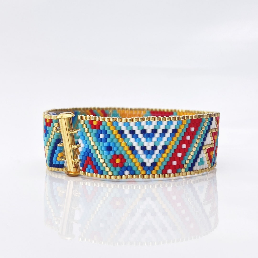 Southwest Style Flat Beadwork Bracelet With Gold Plated Slide Clasp ...