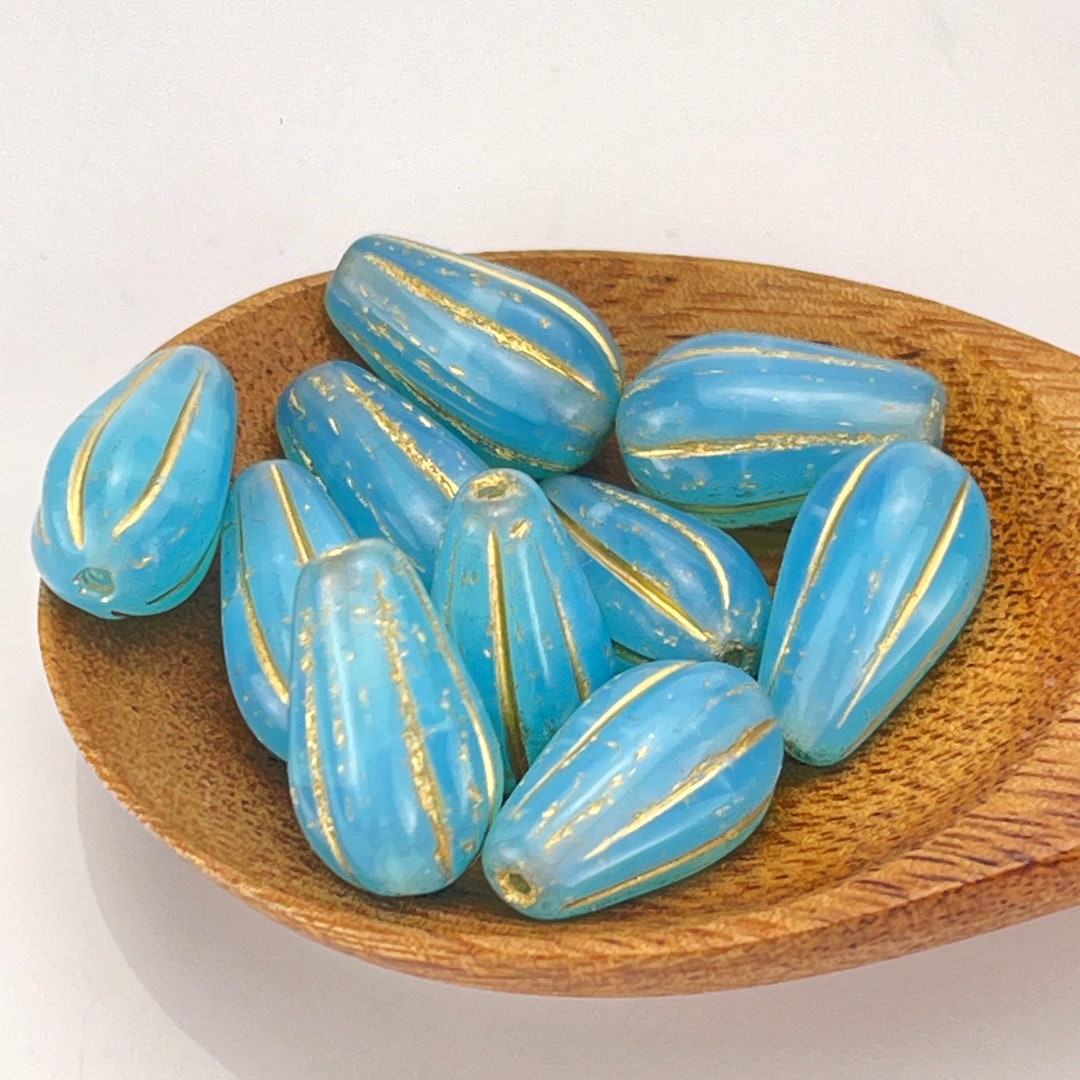 Czech Glass Sky Blue Melon Drop With Gold Wash | 15mm | Teardrop Bead ...