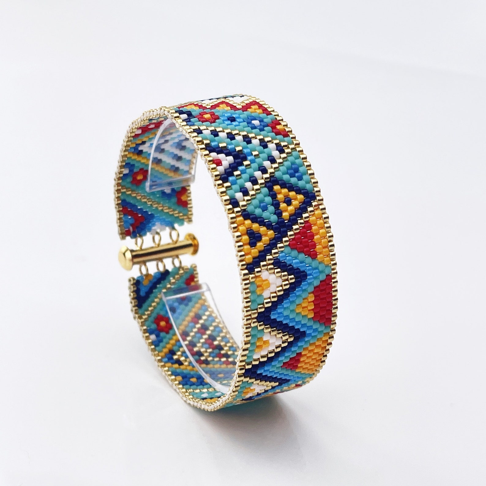 Southwest Style Flat Beadwork Bracelet With Gold Plated Slide Clasp ...
