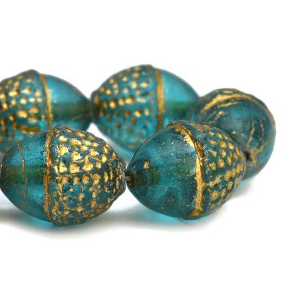 Acorn Teal With Matte Finish and Gold Wash | 10x12mm Acorn Bead | Czech ...