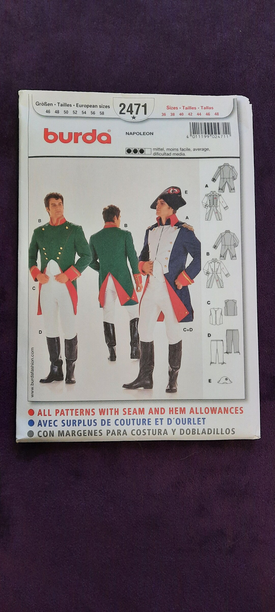 Burda 2471 Napoleon Pattern for Jacket Vest Pants and Hat Sizes 36 to ...