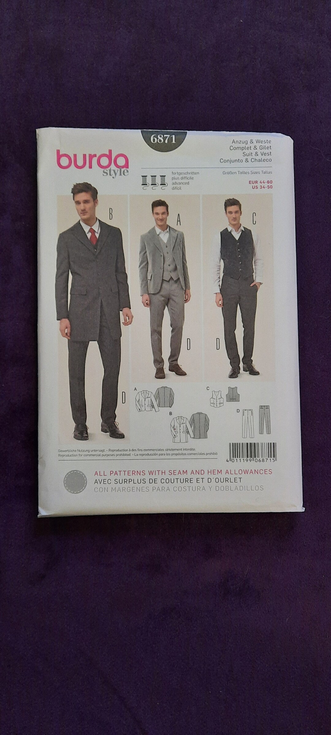 Burda 6871 Three Piece Suit Pattern for Jacket, Pants, and Waistcoat ...