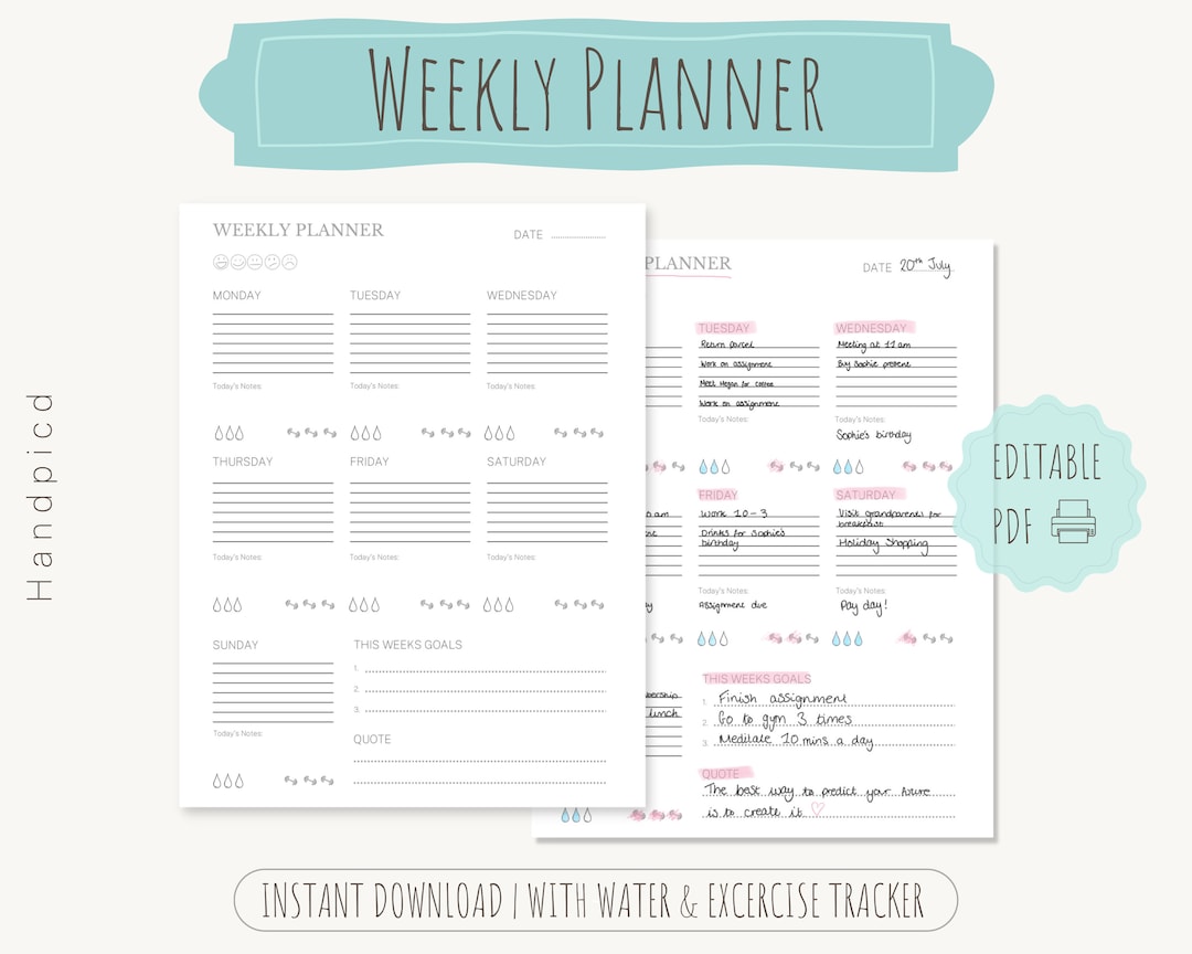 Editable Digital Weekly Planner Exercise & Water Tracker - Etsy
