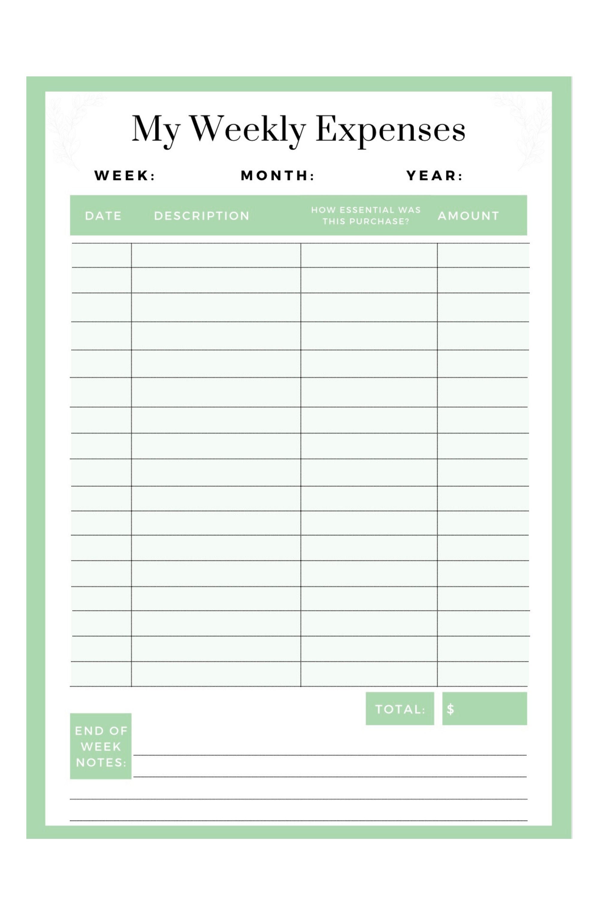 Weekly Expenses Tracker Weekly Expenses Printable Weekly | Etsy