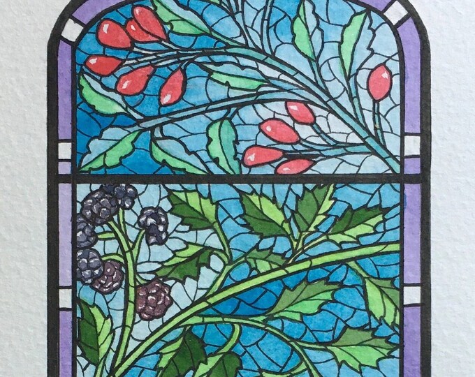 Blackberry and Rose Hip Stained Glass Window Painting, Original Design ...