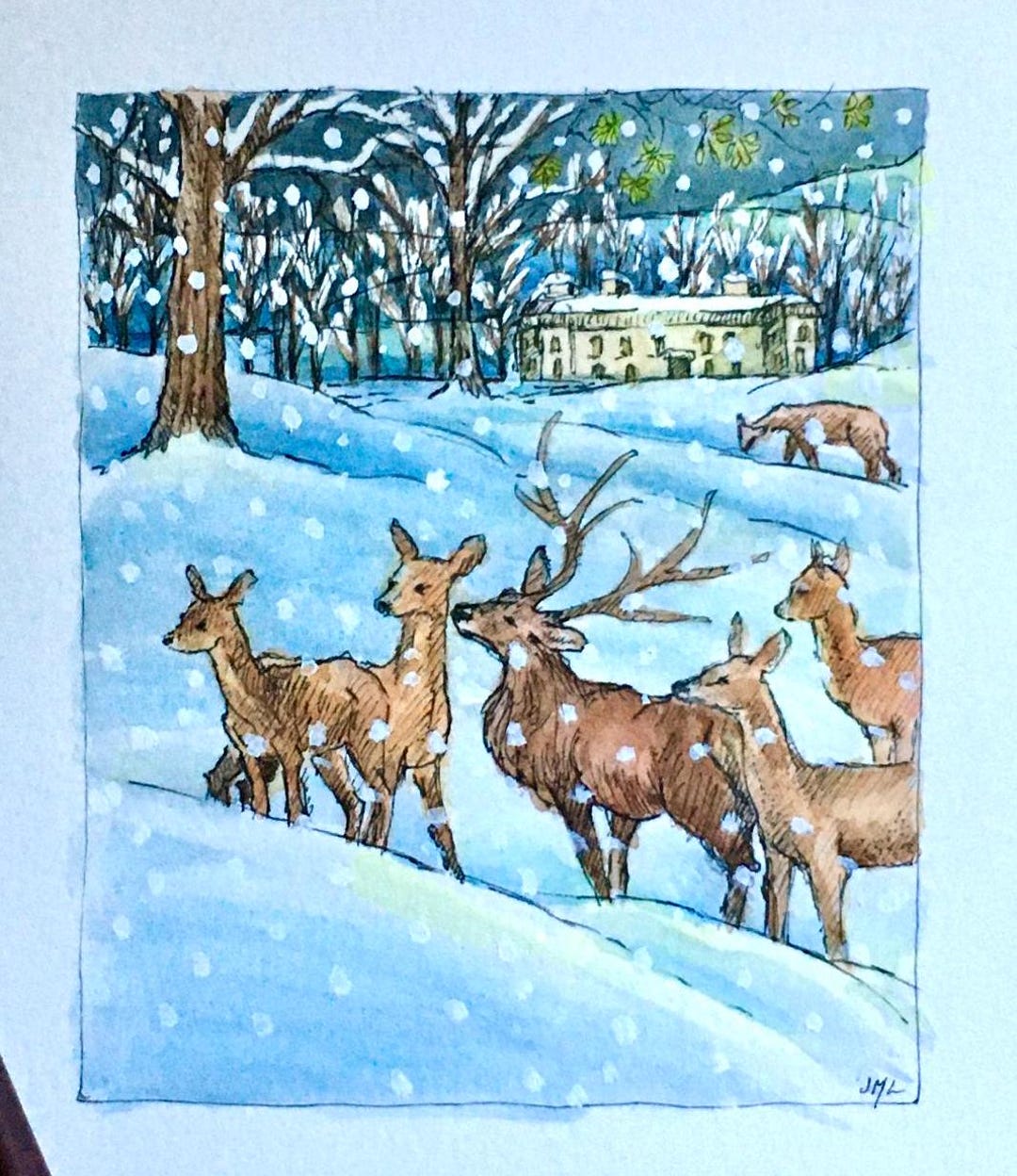 A Snowy Night, an Original Pen Drawing and Watercolour Painting - Etsy