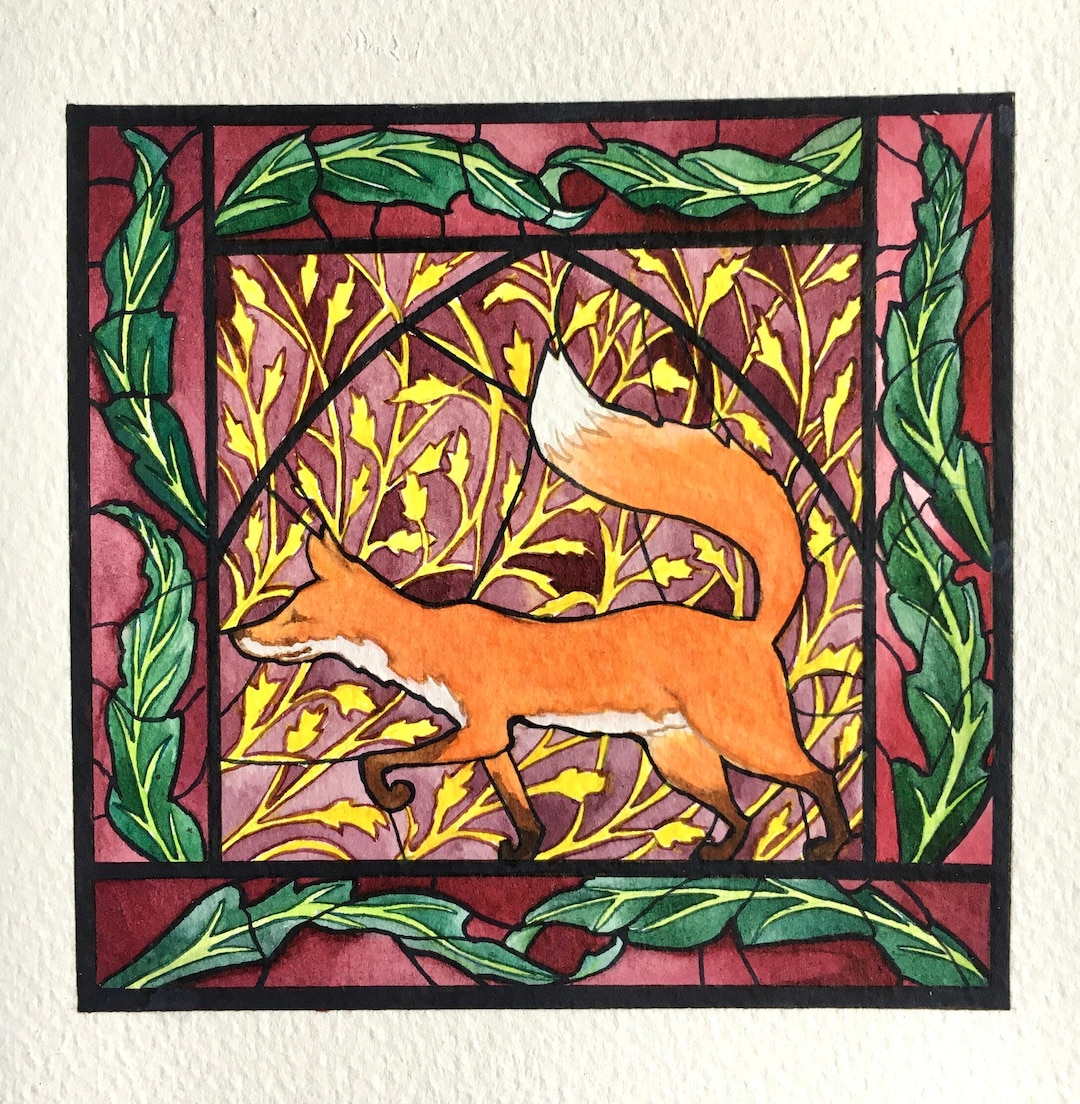 Red Fox Stained Glass Window Painting Dark Red and Dark - Etsy
