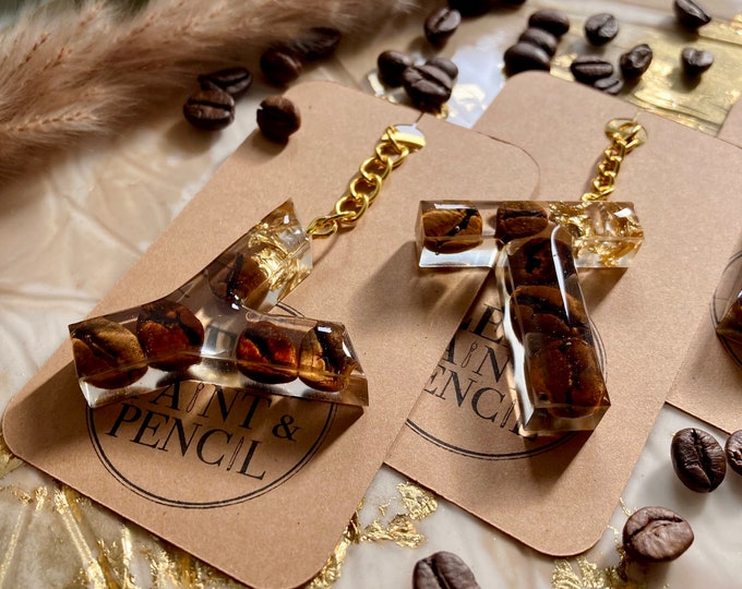 Personalized Letter Keychain Gold, Coffee Lover, With Coffee Beans ...