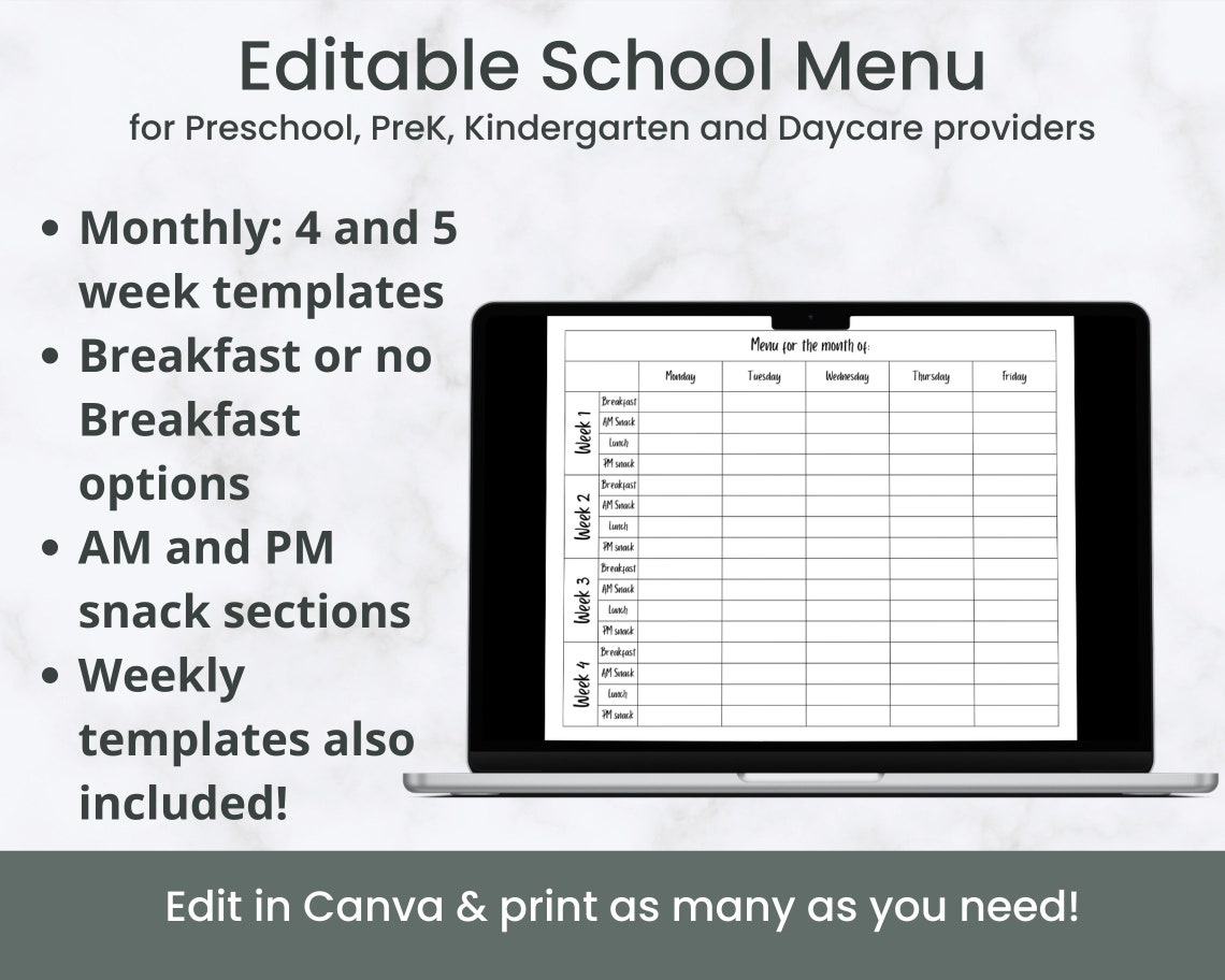 School Menu Template Editable Monthly & Weekly School Menu Printable ...