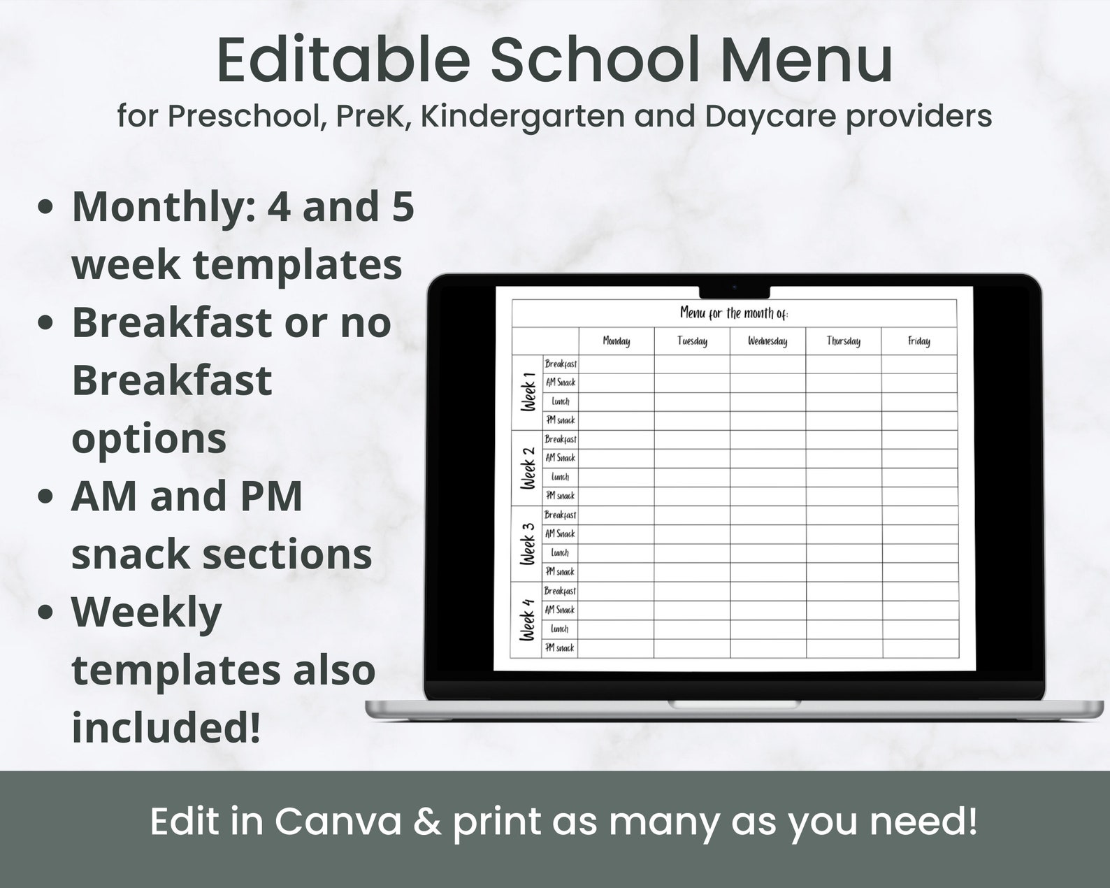 School Menu Template Editable Monthly & Weekly School Menu Printable ...