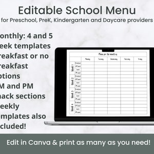 School Menu Template Editable Monthly & Weekly School Menu Printable ...