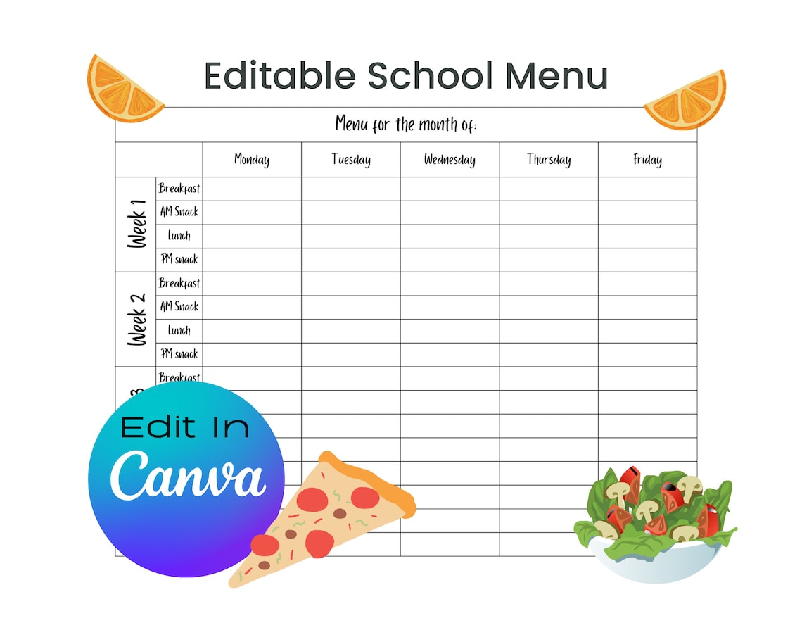 School Menu Template Editable Monthly & Weekly School Menu Printable ...
