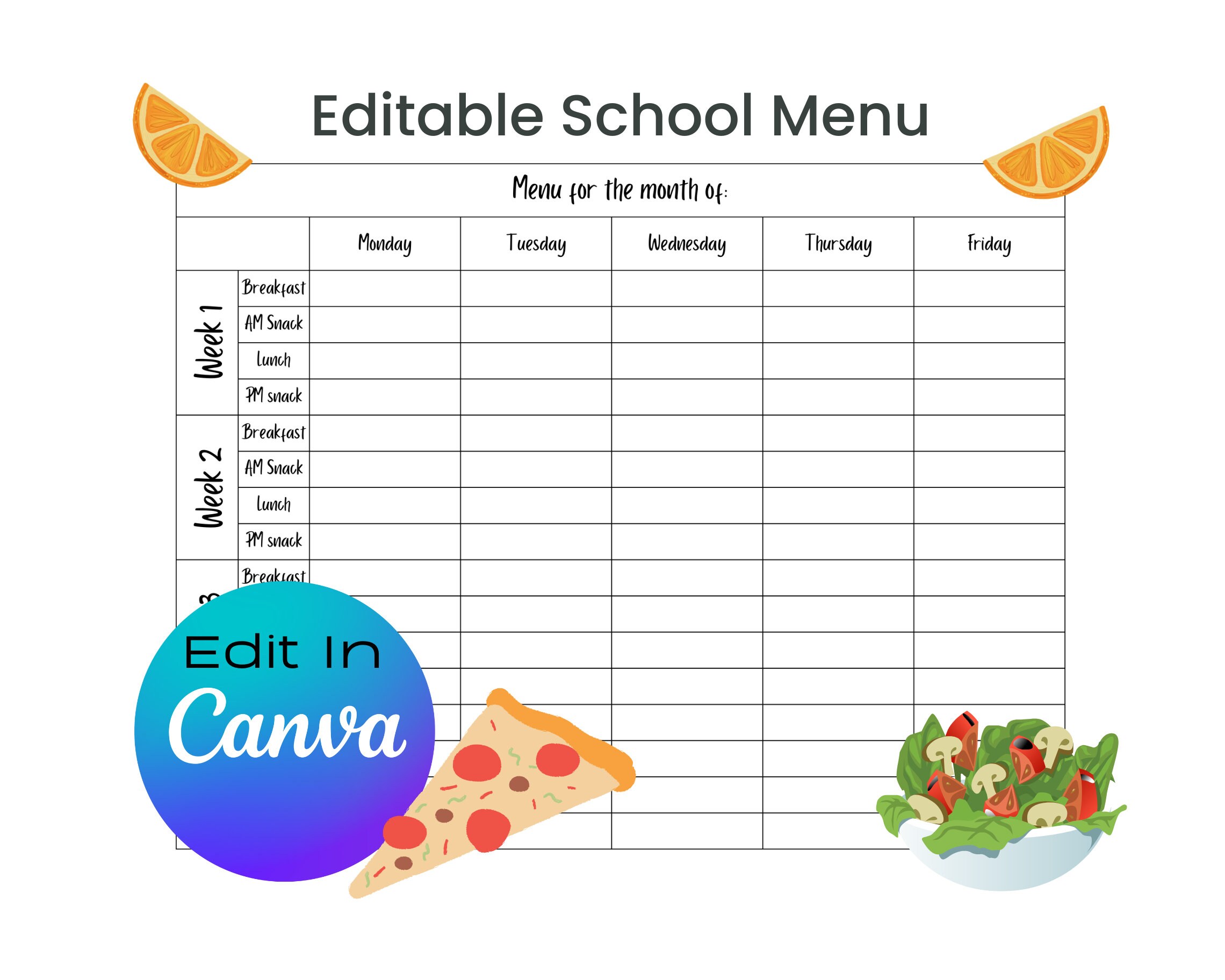 School Menu Template Editable Monthly & Weekly School Menu Printable ...
