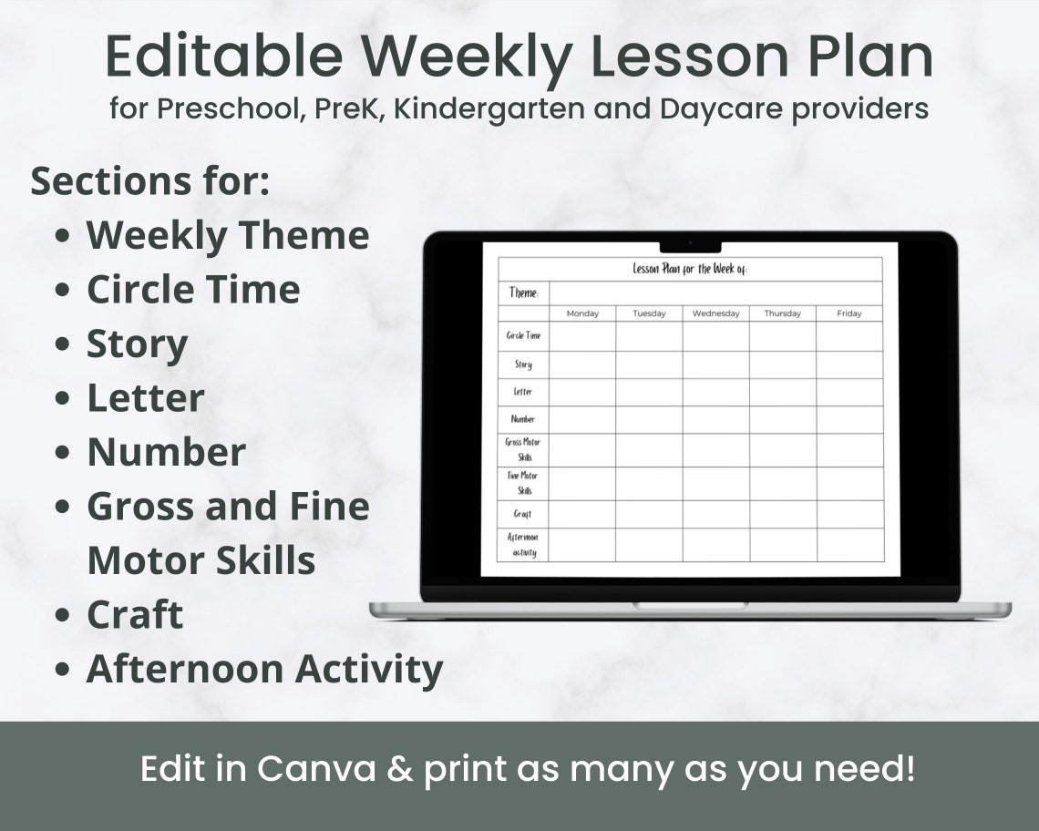 Editable Weekly Lesson Plan Template for Preschool, Prek, Kindergarten ...