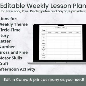 Editable Weekly Lesson Plan Template for Preschool, Prek, Kindergarten ...