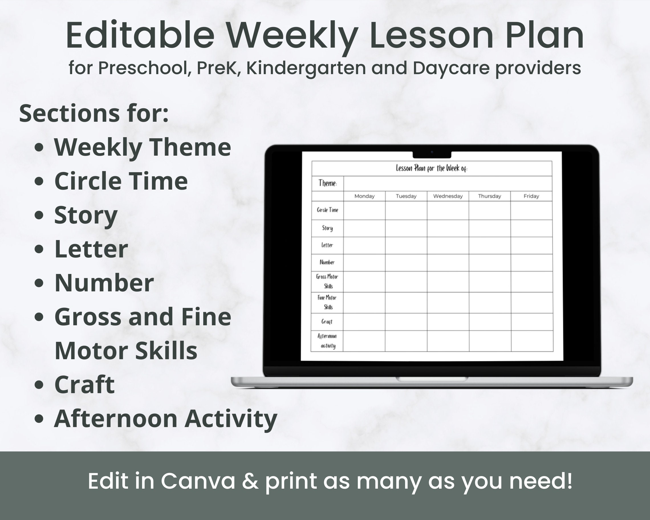 Editable Weekly Lesson Plan Template for Preschool, Prek, Kindergarten ...