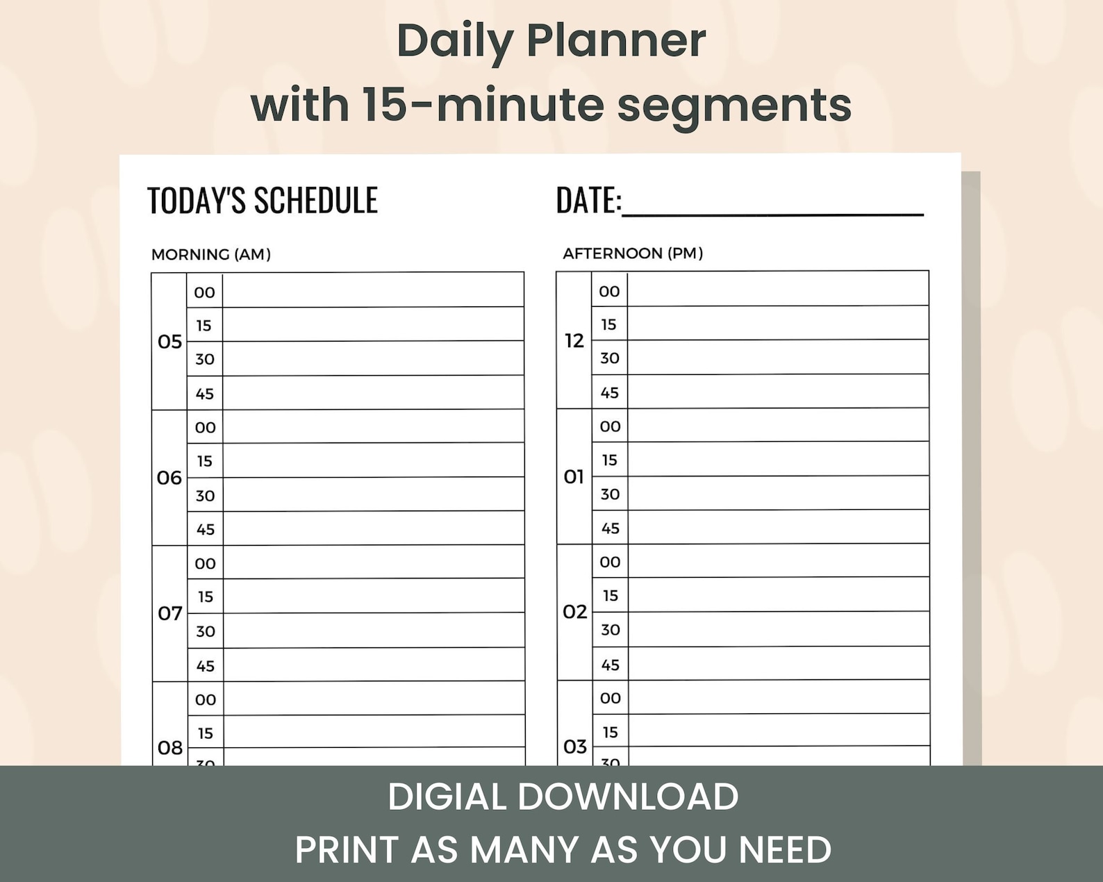 Printable Daily Appointment Planner With 15-minute Time Block Segments ...