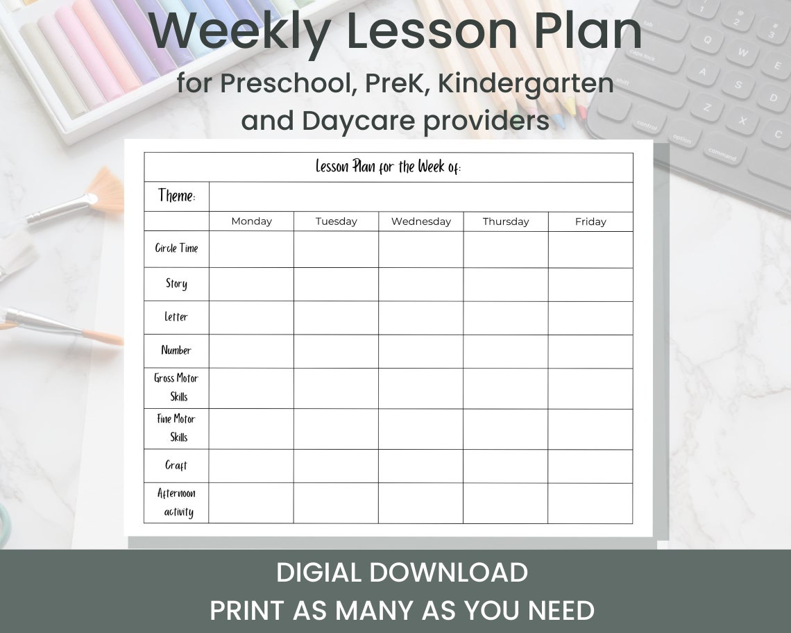 Printable Weekly Lesson Plan Template for Preschool Prek - Etsy