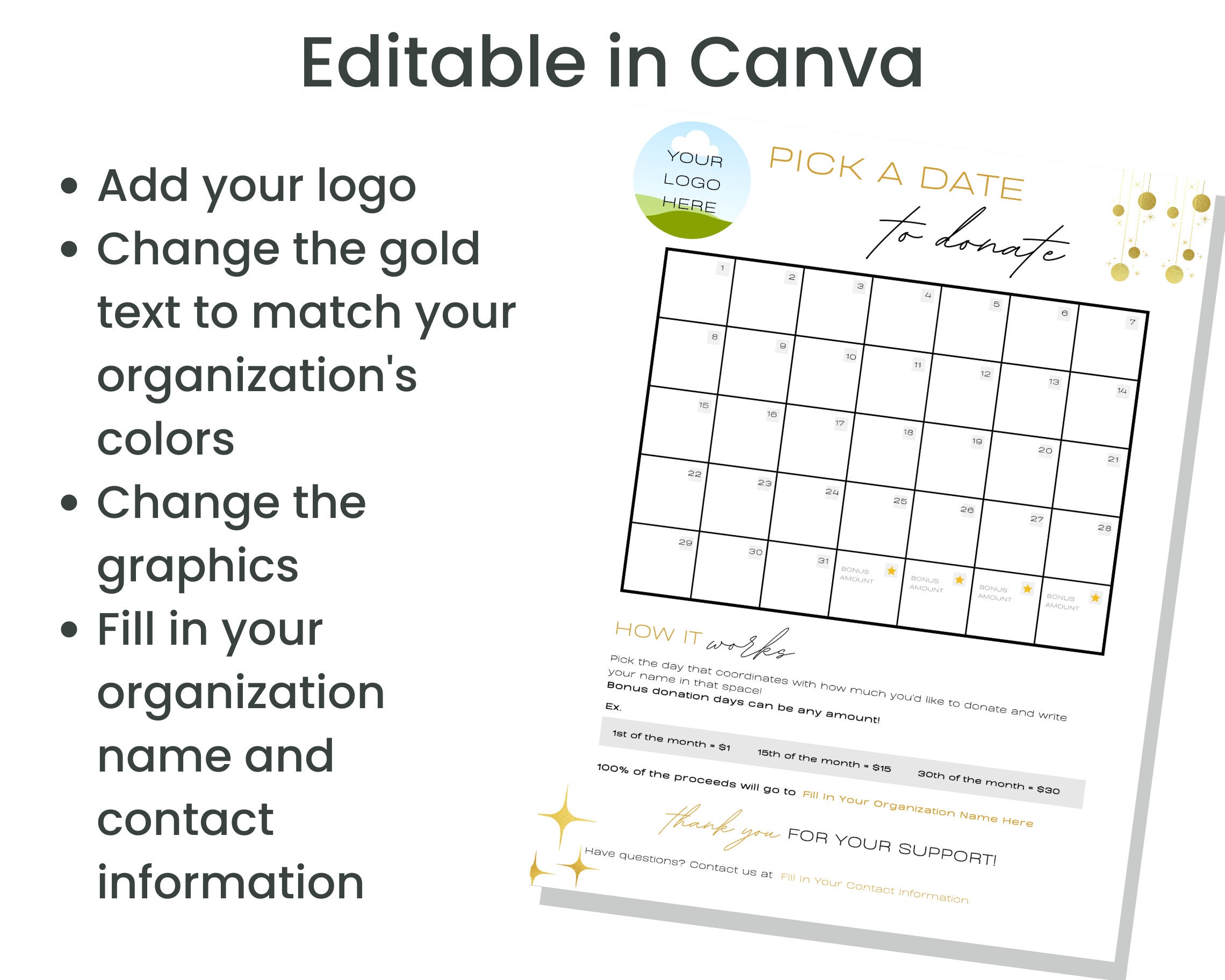 Editable Pick A Date to Donate Fundraiser Calendar Pay the Date ...