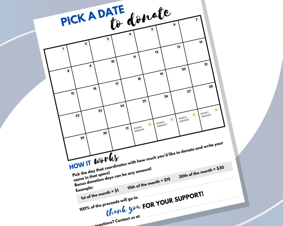 Pick A Date to Donate Fundraiser Calendar Pay the Date Fundraiser Pick ...