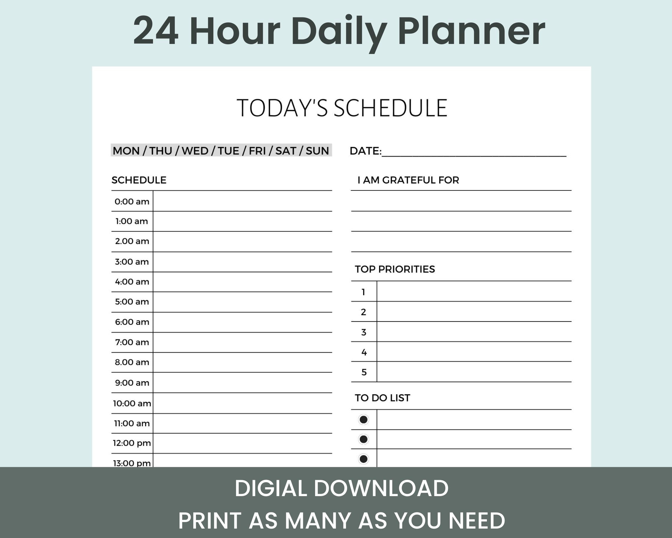 24 Hour Daily Planner Printable Prioritized Hourly Planner Time ...