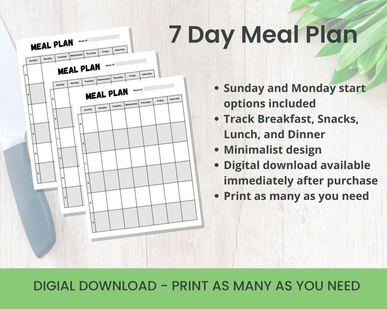 7 Day Printable Meal Plan Includes Sections for Breakfast - Etsy