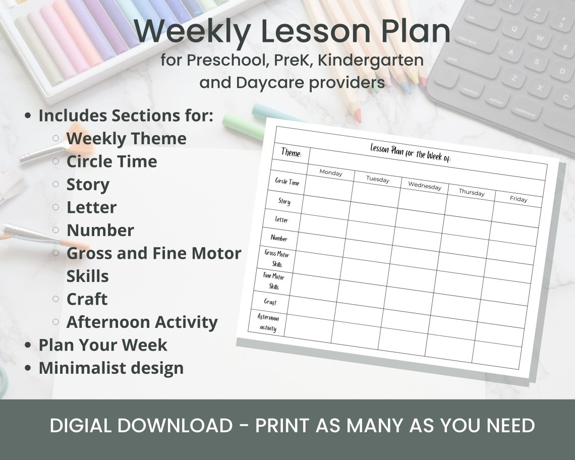 Printable Weekly Lesson Plan Template for Preschool, Prek, Kindergarten ...