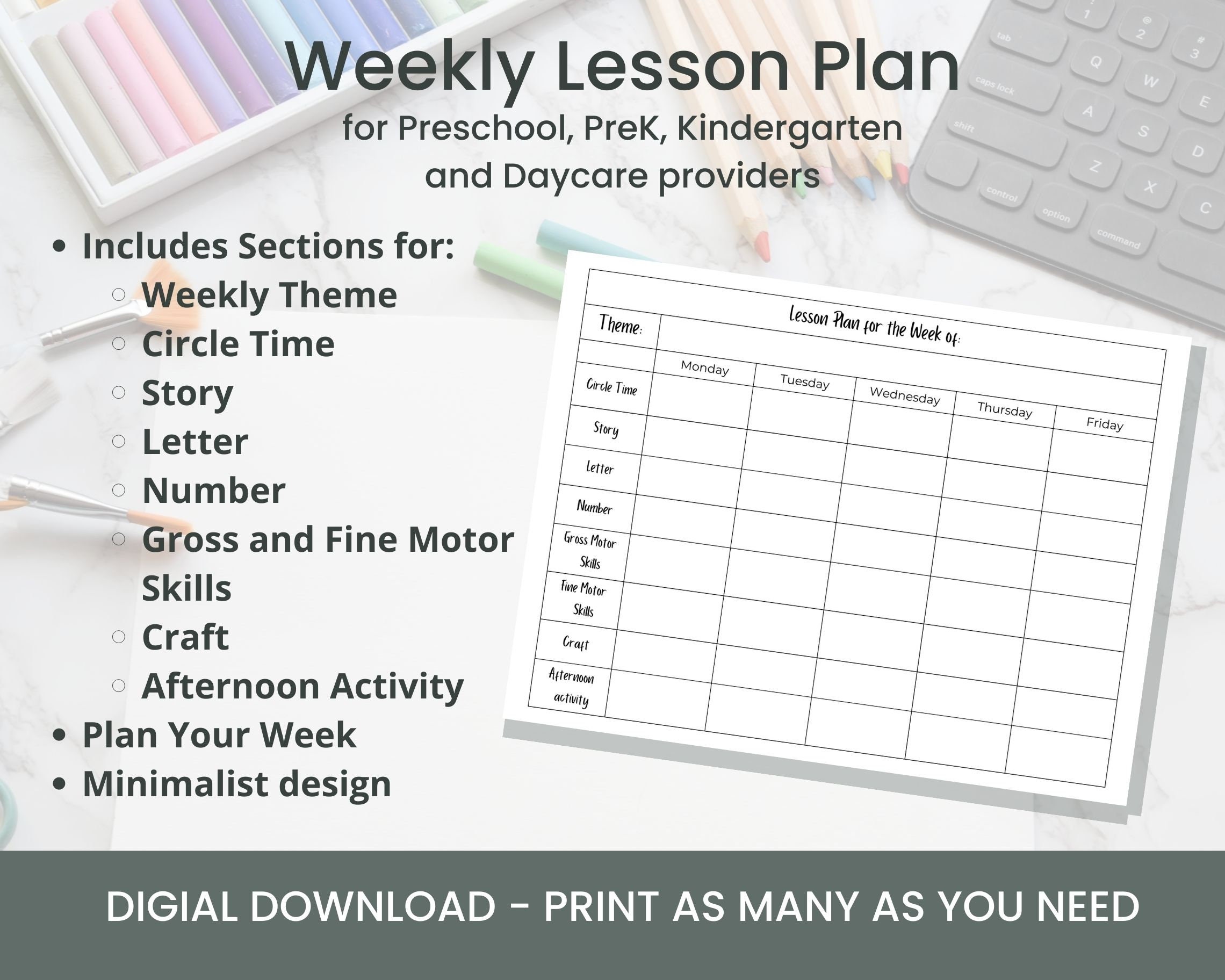 Printable Weekly Lesson Plan Template for Preschool, Prek, Kindergarten ...