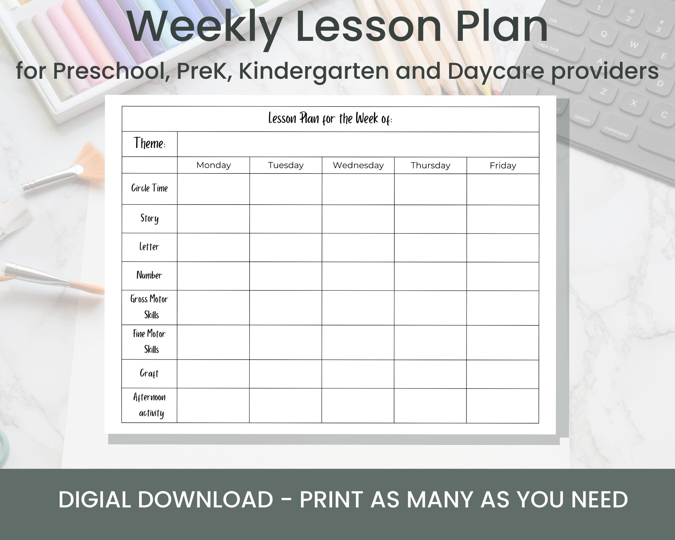 Printable Weekly Lesson Plan Template for Preschool Prek - Etsy