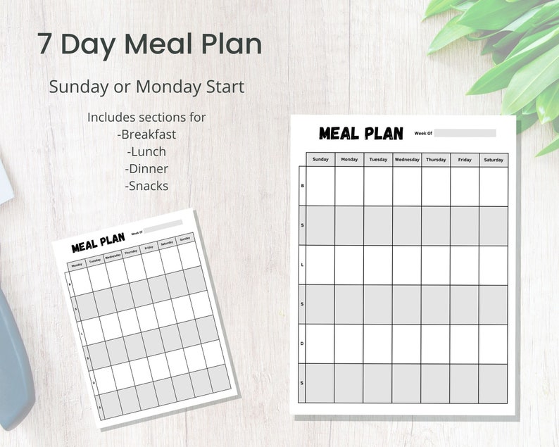 7 Day Printable Meal Plan Includes Sections for Breakfast, Lunch ...