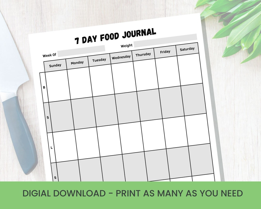 7 Day Food Journal Includes Sections for Breakfast, Lunch, Dinner ...