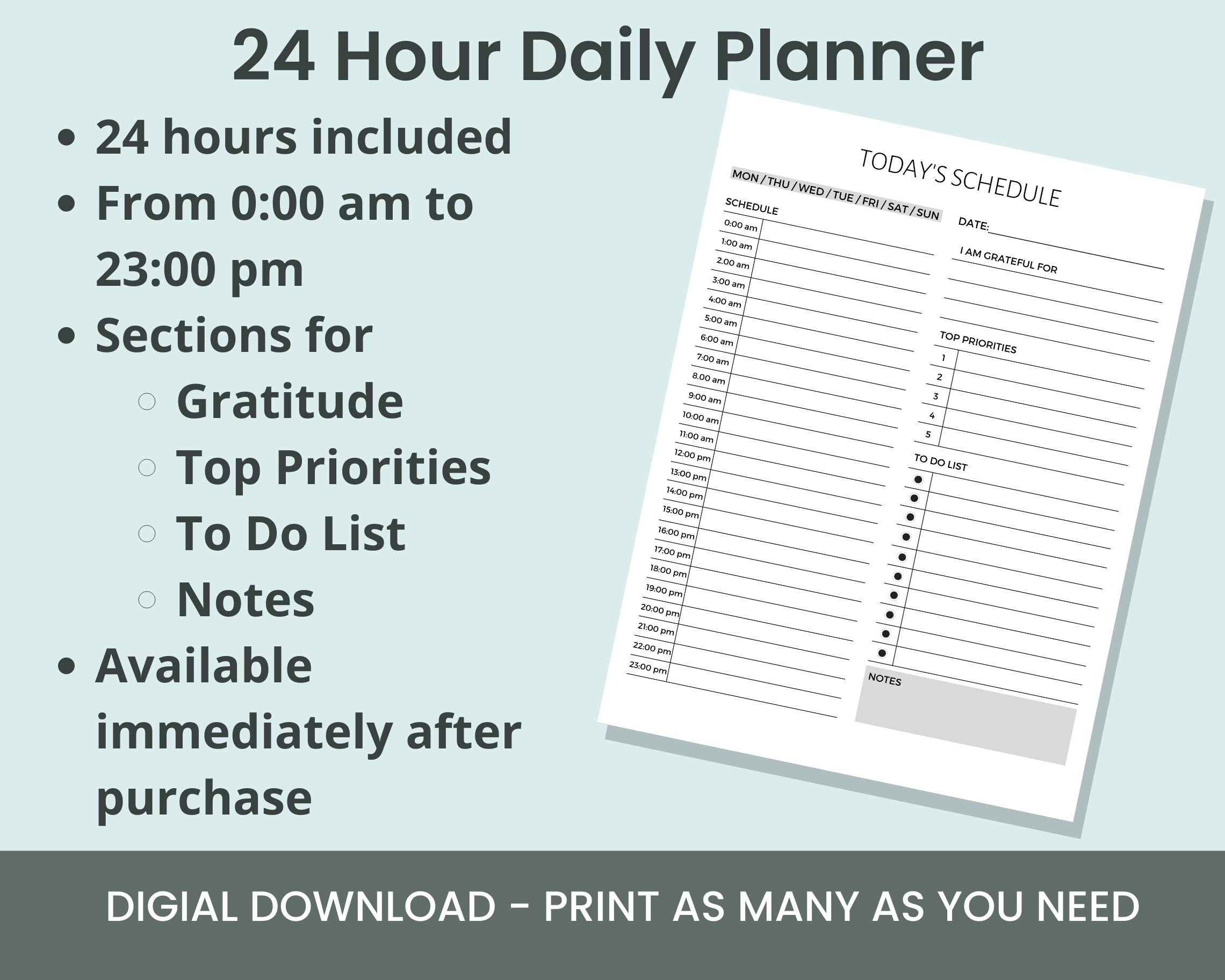 24 Hour Daily Planner Printable Prioritized Hourly Planner Time ...