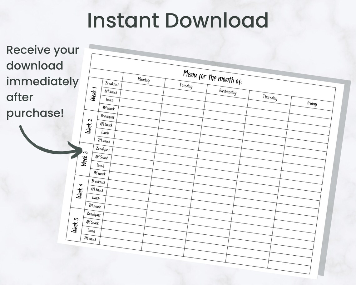 School Menu Template Editable Monthly & Weekly School Menu Printable ...