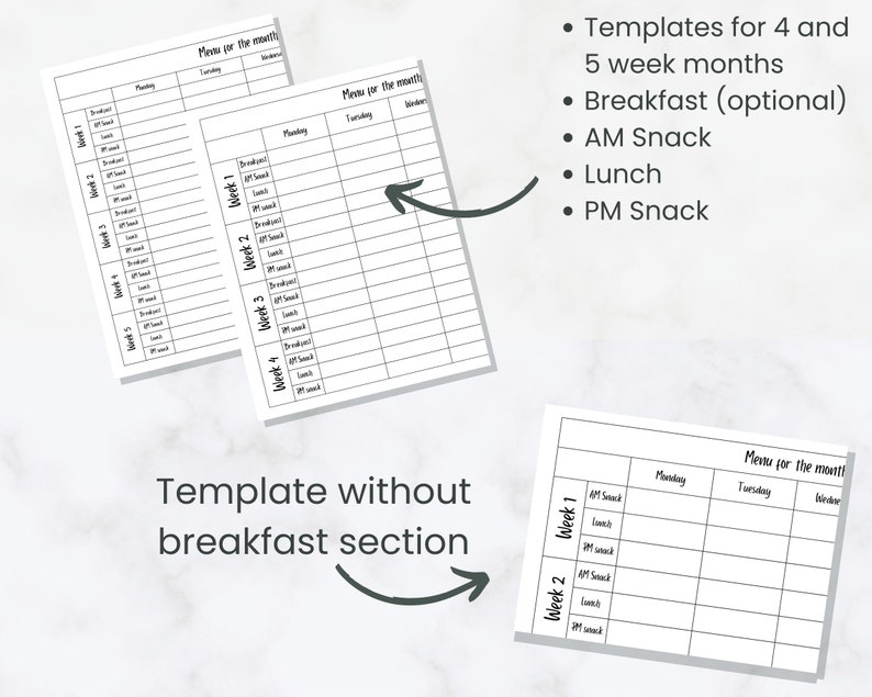 Daycare Menu Editable Monthly and Weekly Daycare Menu Printable ...