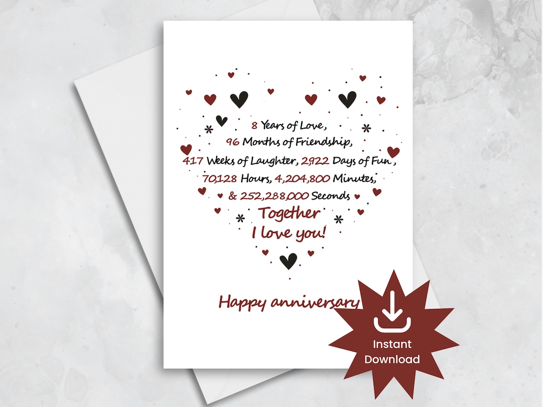 8th Anniversary Card Printable Eighth Anniversary Together 8 Year ...